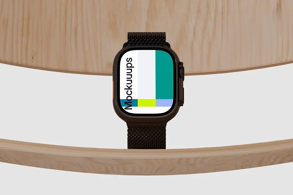 Apple Watch Ultra mockup on a modern wood backdrop - Mockuuups Studio