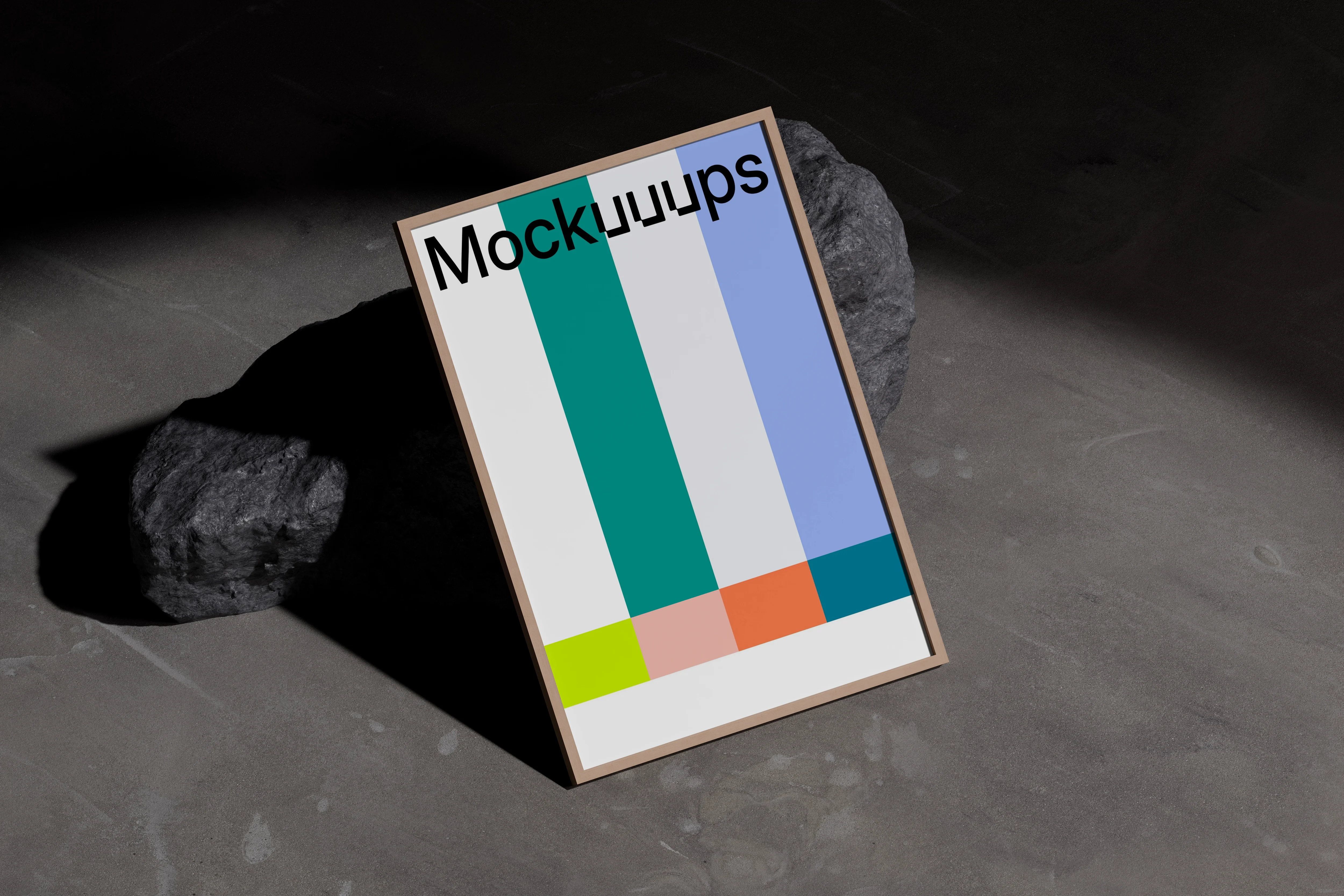 A3 poster mockup on a concrete floor with rocks - Mockuuups Studio